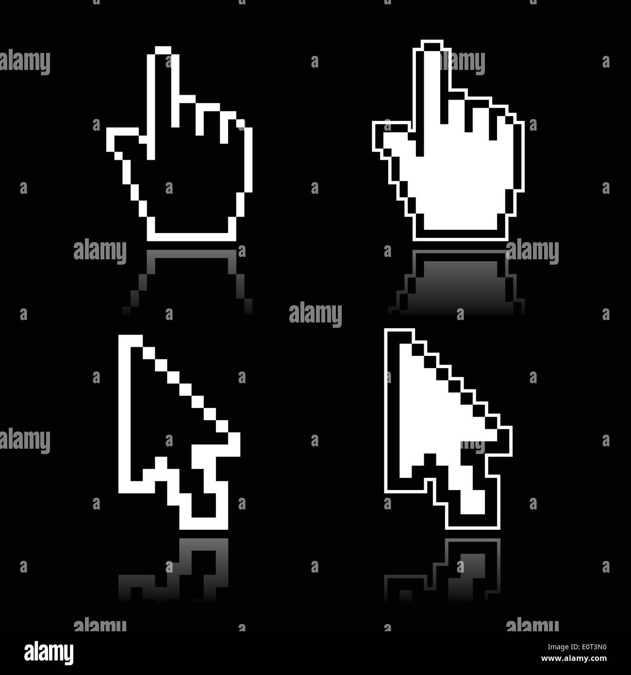 Pixel white cursors - hand and arrow icons on black background Stock ...