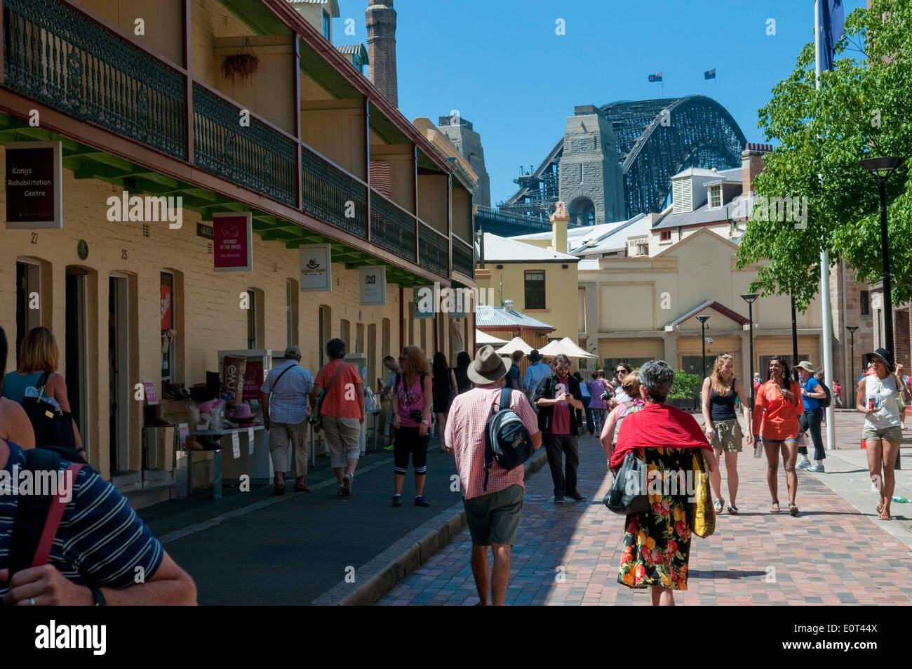 Tourists stroll along Argyle Terrace, The Rocks, Sydney, New South ...