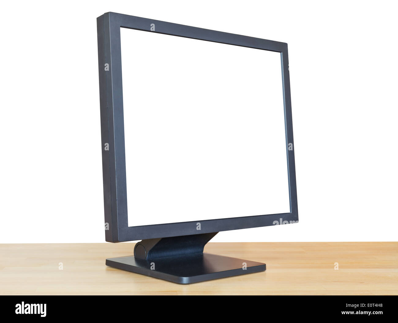 side view of black display with cut out screen on wooden table isolated ...
