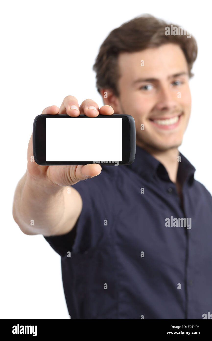 Handsome young man showing a blank smart phone display isolated on a ...