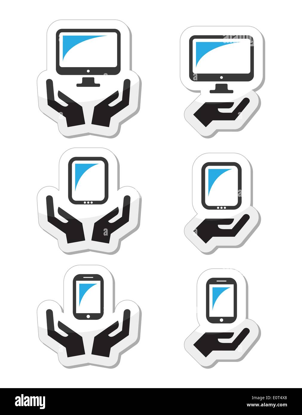 Hands with computer, tablet, mobile or cell phone icons Stock Vector ...