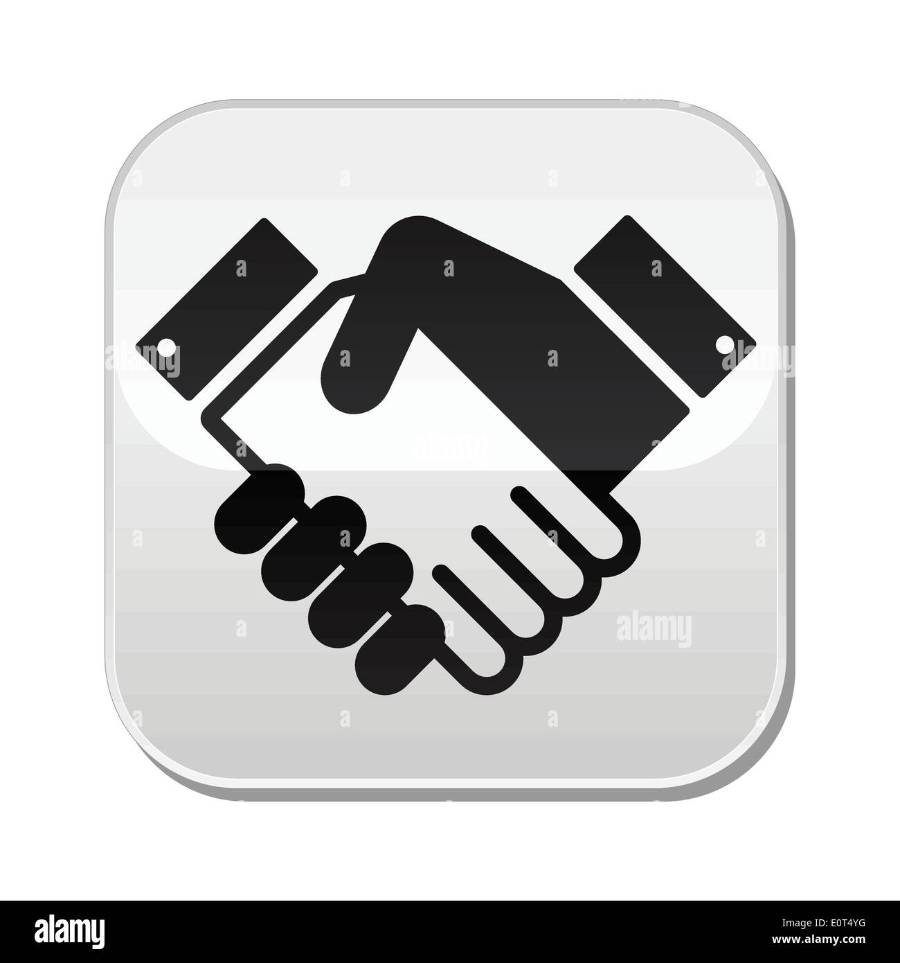 Clean black icon with shaking hands on grey square button isolated on ...