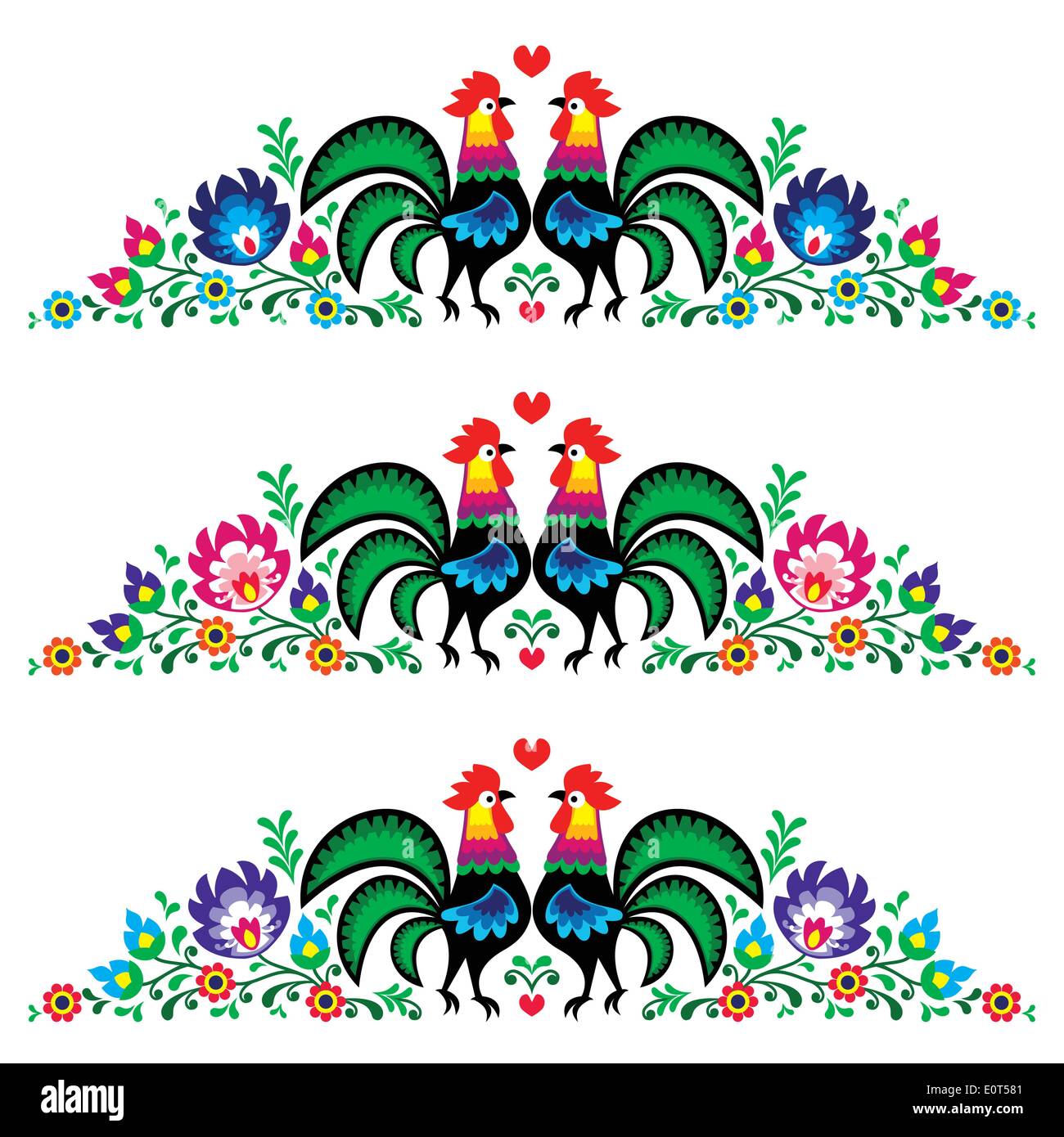 Polish floral folk long embroidery pattern with roosters - wzory ...