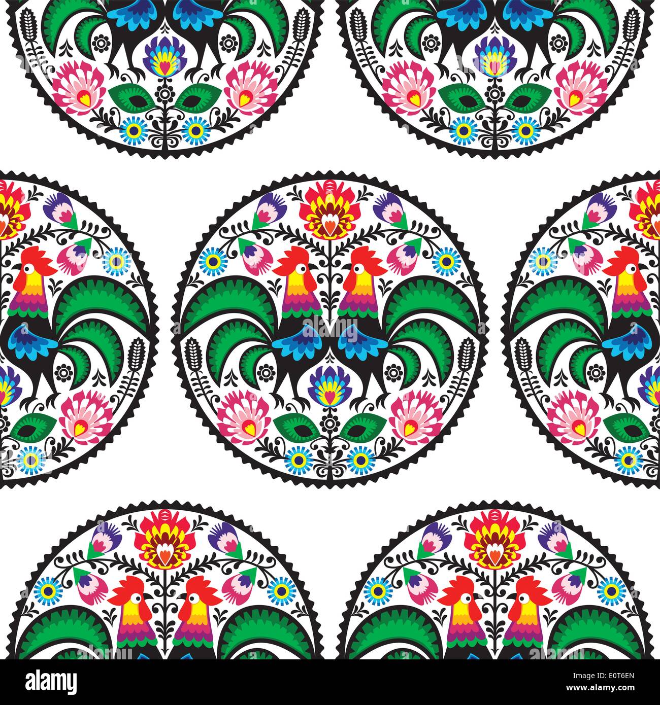 Polish folk art floral design with roosters - traditional folk pattern ...