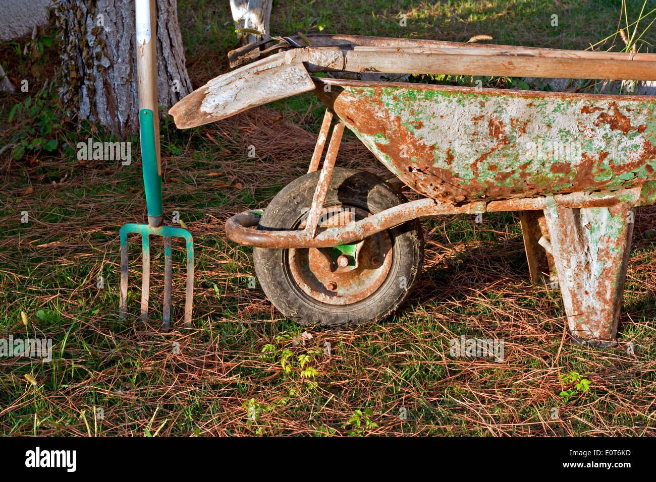 Gardening tools in old rusty wheelbarrow Stock Photo - Alamy