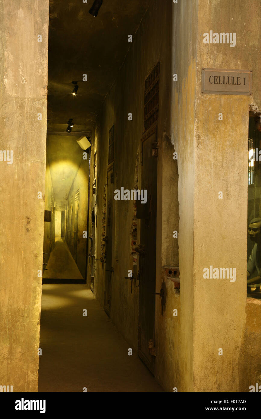 Corridor of cells for prisoners on death row in Hoa Lo Prison Museum in ...