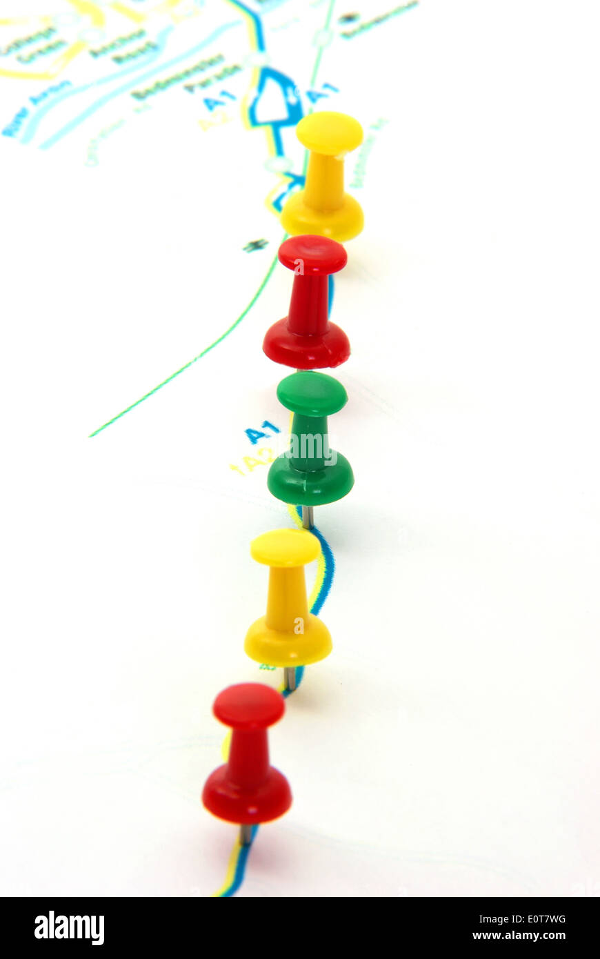 Pinned route with pushpins on a map Stock Photo - Alamy