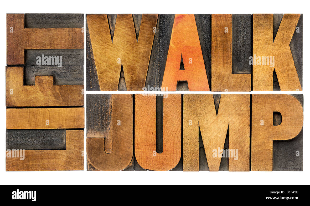 exercise and fitness concept - walk, jump, and lift word abstract in ...