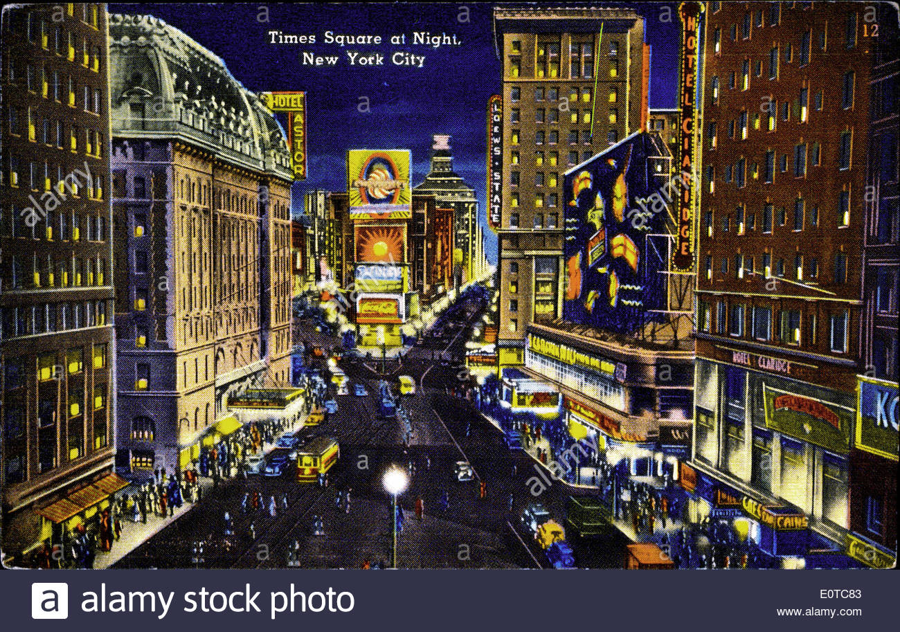 Times Square in New York,at night in 1920's on US postcard Stock Photo ...