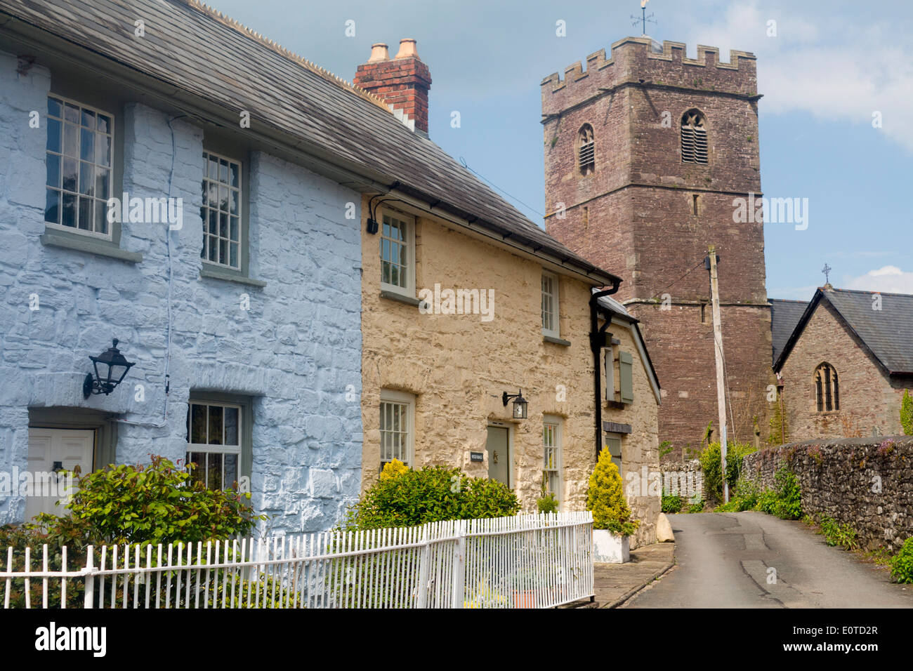 St Gwendoline's Church with coulourful painted houses cottages Talgarth ...