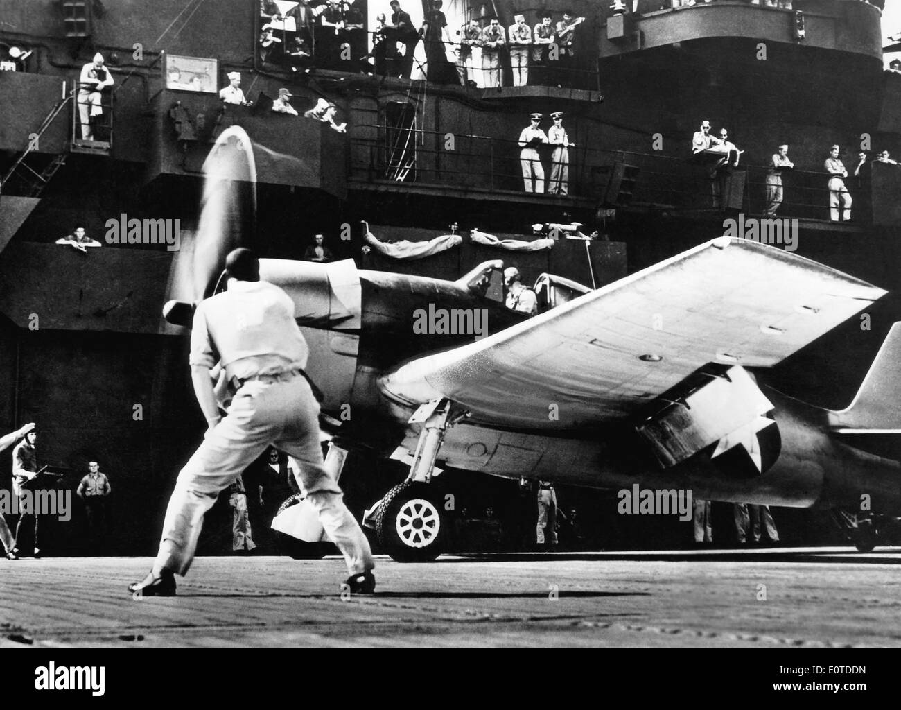 Soldiers and Airplane on Deck of the USS Yorktown, on-set of the ...