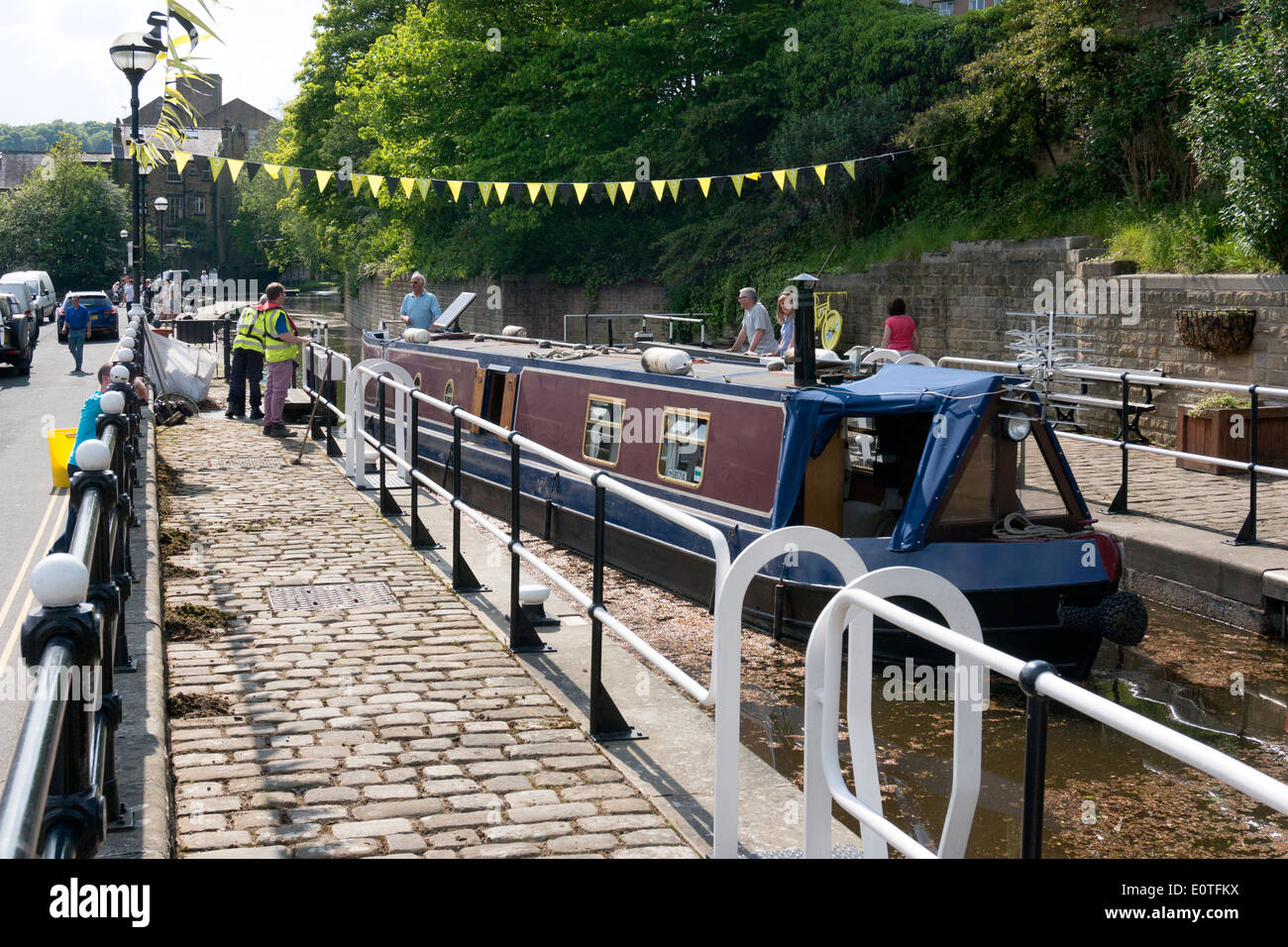 Narrowboat entering Tuel Lane Deep Lock, Sowerby Bridge, West Yorkshire ...