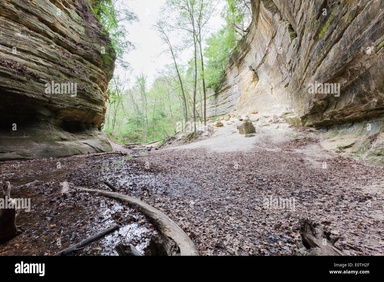 large sandstone cliffs with rocks that have fallen in the past turning ...