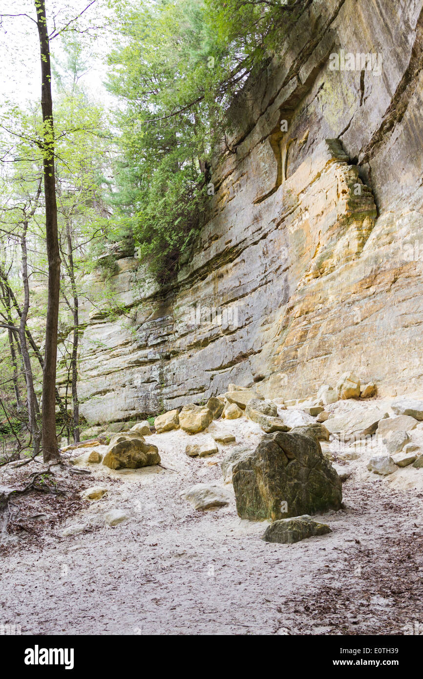 large sandstone cliffs with rocks that have fallen in the past turning ...