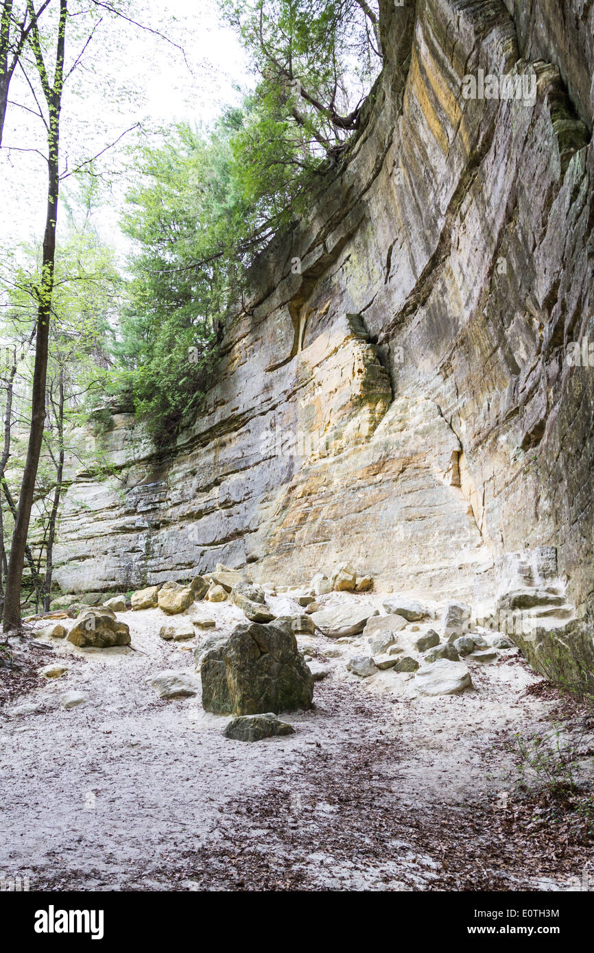 large sandstone cliffs with rocks that have fallen in the past turning ...