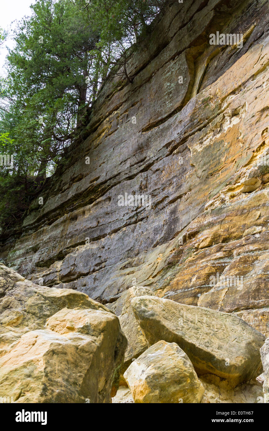 large sandstone cliffs with rocks that have fallen in the past turning ...