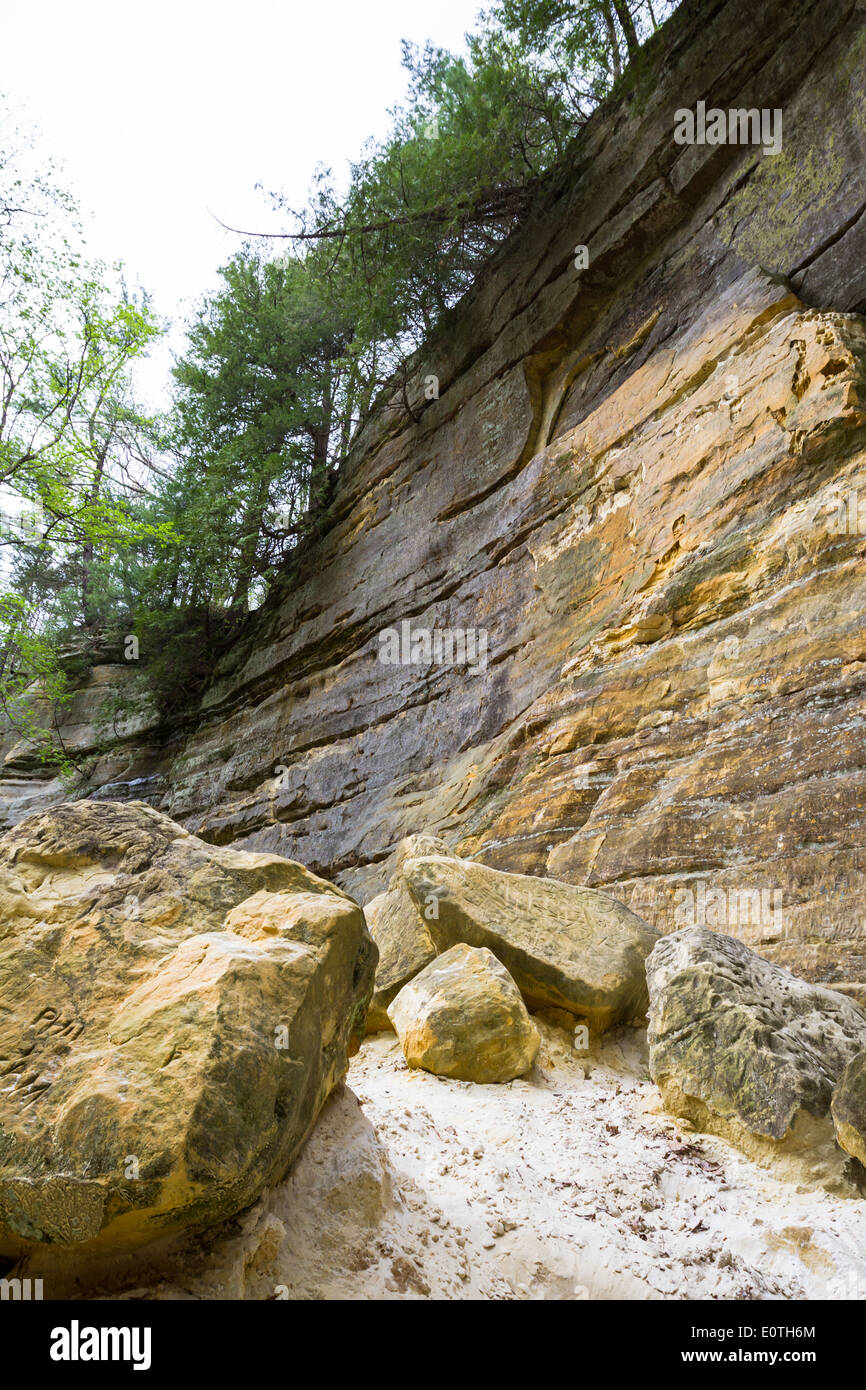 large sandstone cliffs with rocks that have fallen in the past turning ...