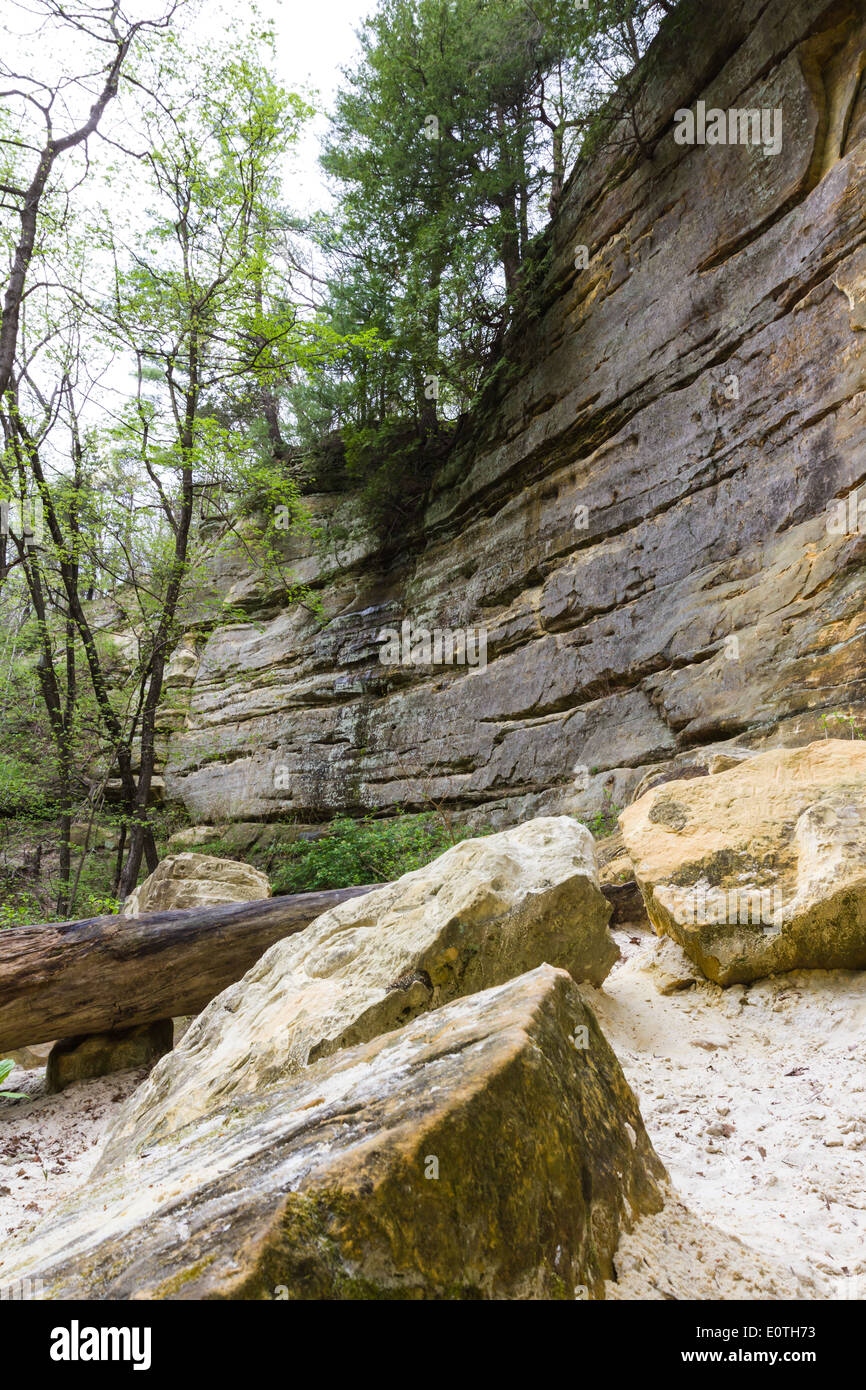 large sandstone cliffs with rocks that have fallen in the past turning ...