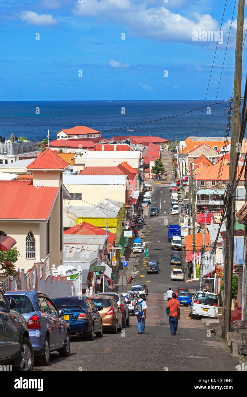 View along a typical street in St George, Grenada towards the Caribbean ...