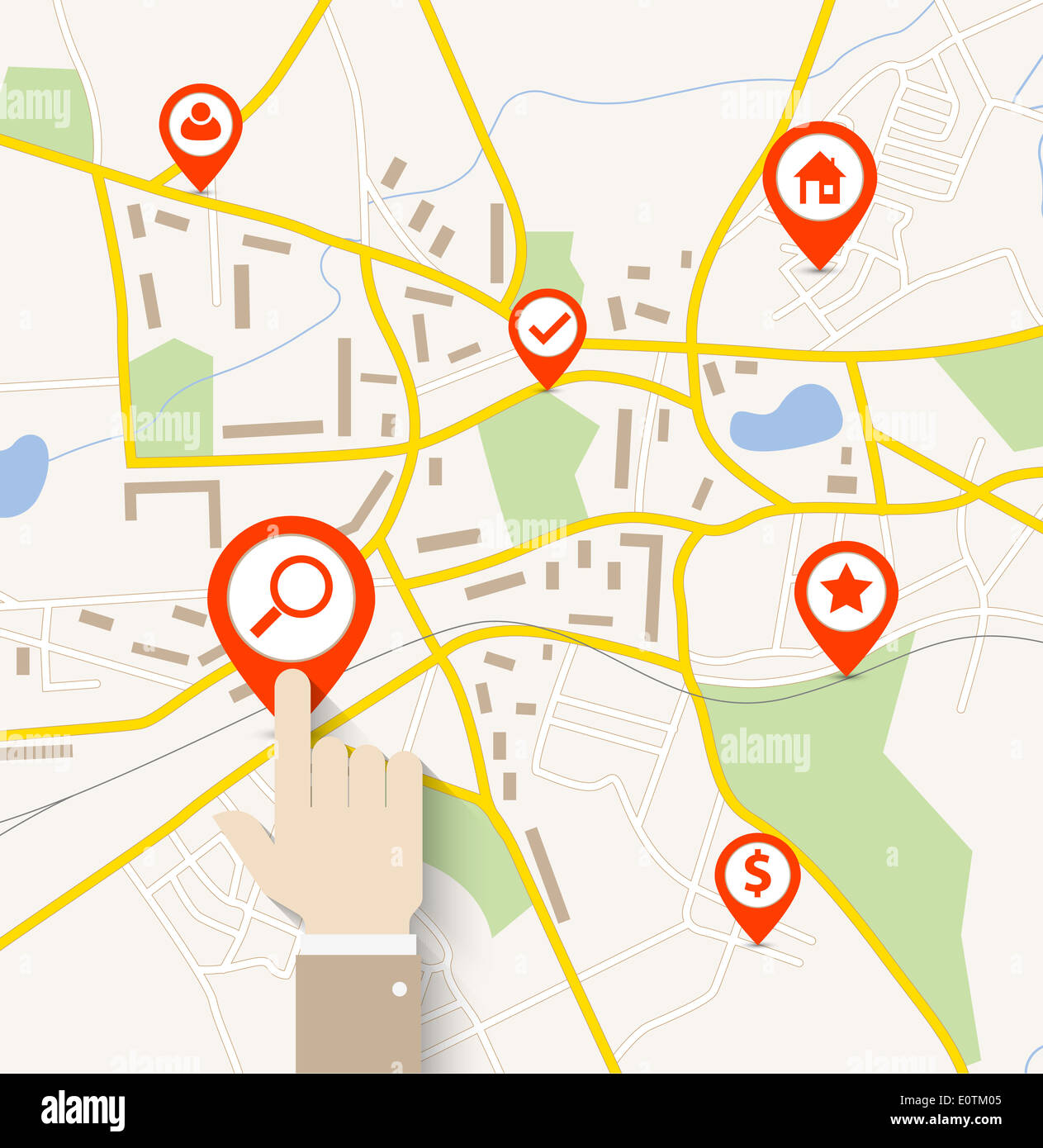 Hand tap on pin pointer on navigation map Stock Photo - Alamy