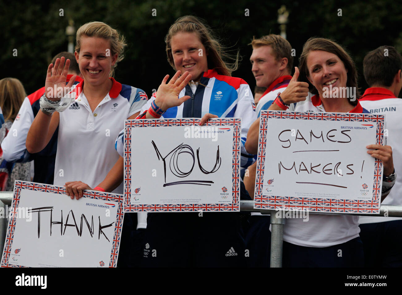 British Olympic athletes wave during the London 2012 Victory Parade for ...