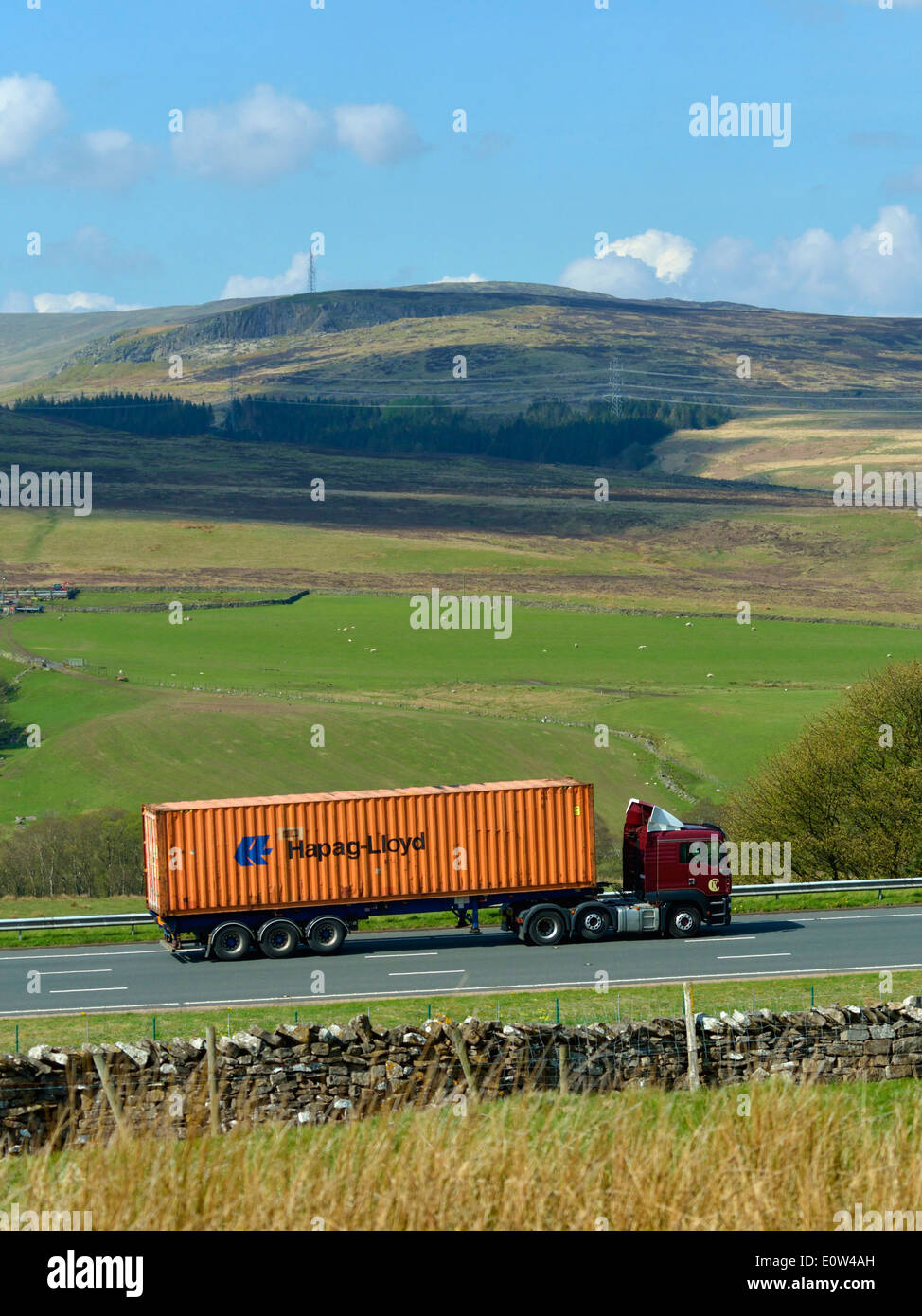Hapag-Lloyd container HGV on M6 motorway. Shap, Cumbria, England ...