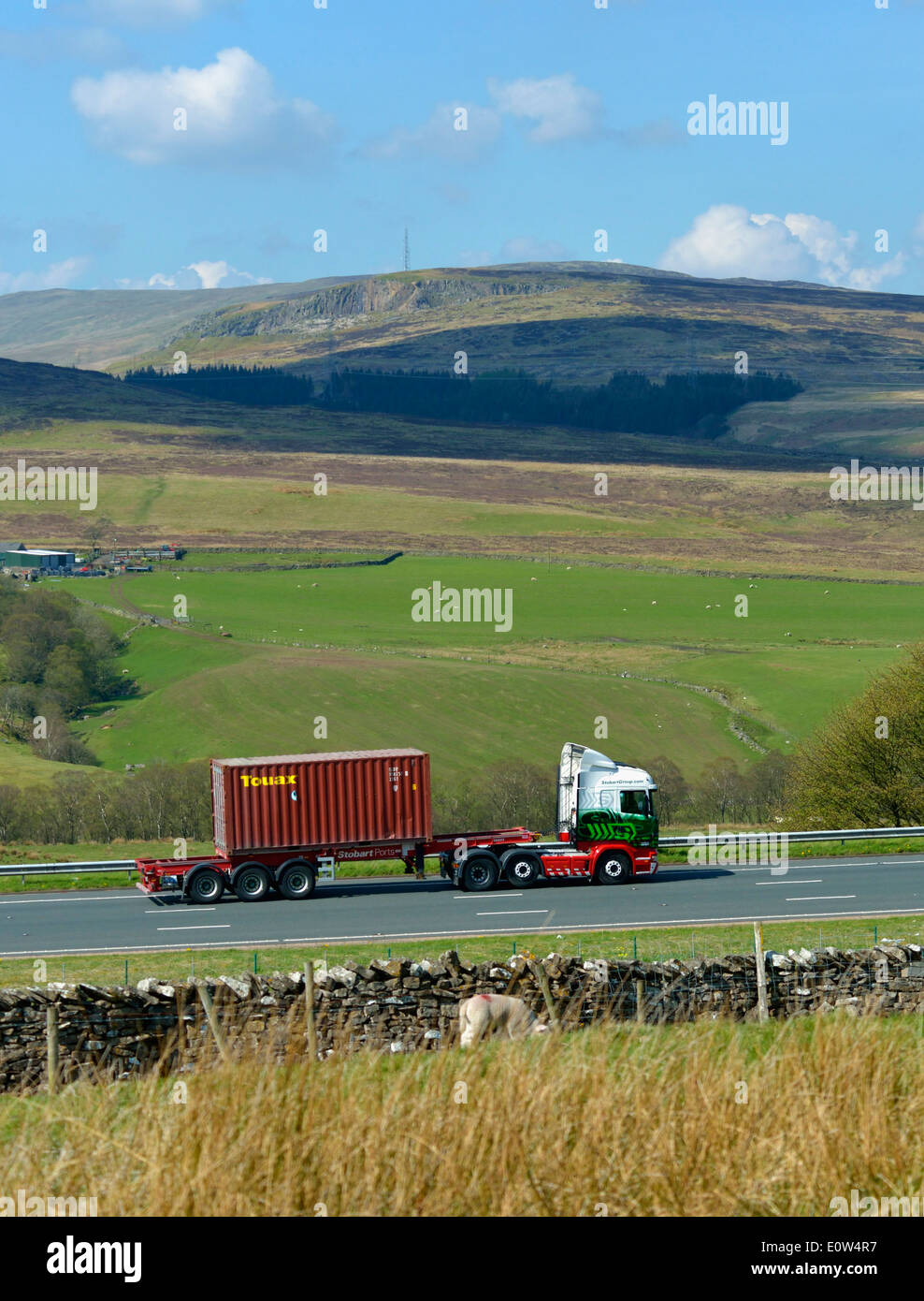 Eddie Stobart HGV with Touax container on M6 motorway. Shap, Cumbria ...
