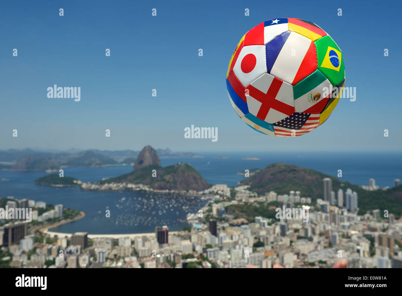 International football soccer ball above Rio de Janeiro skyline with ...