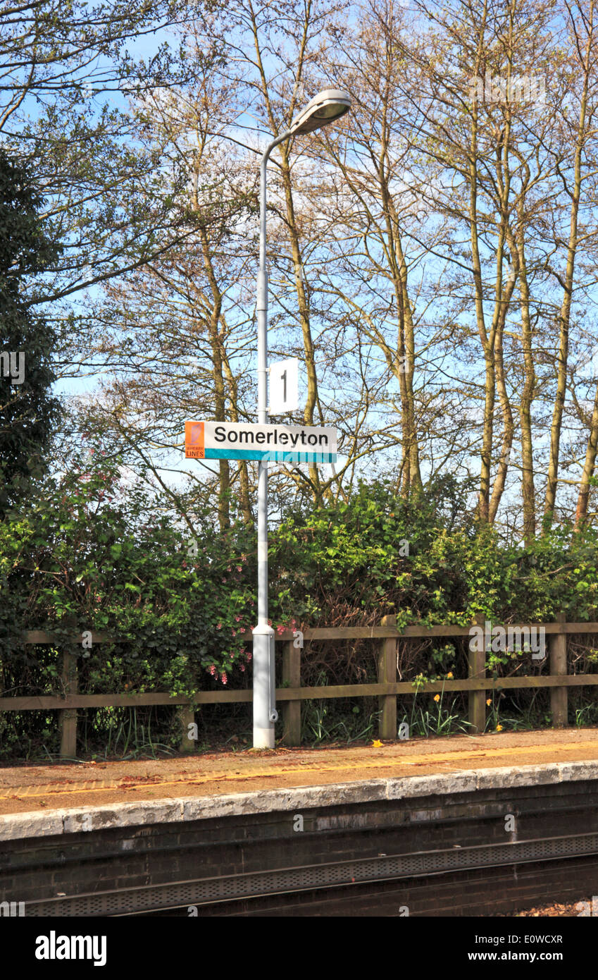A platform railway station sign on the Wherry Lines at Somerleyton ...