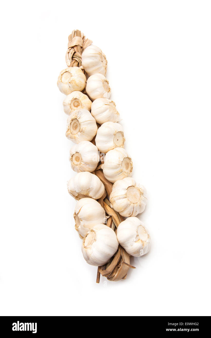 String of Garlic bulbs isolated on a white studio background Stock ...