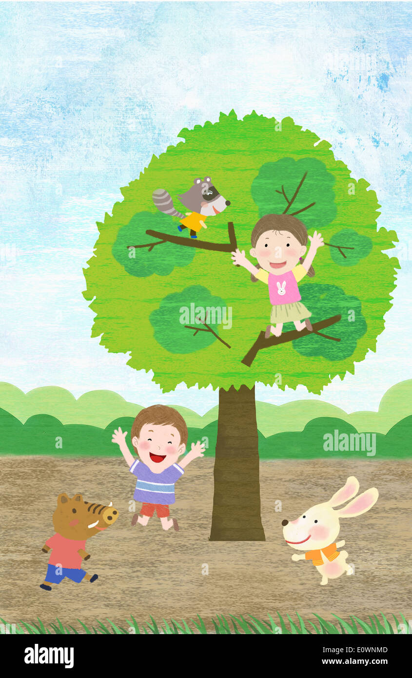 kids and animals playing in the nature Stock Photo - Alamy