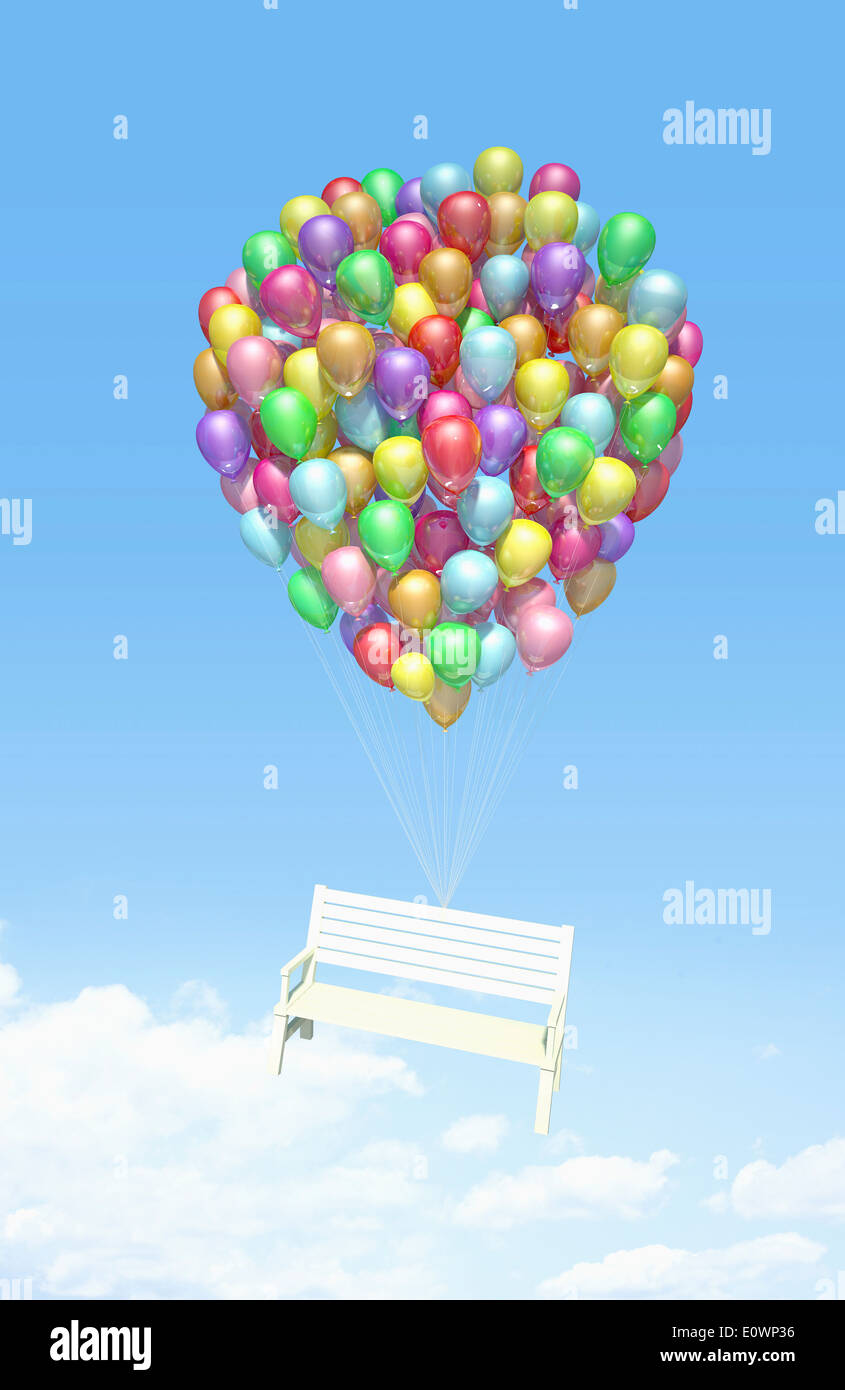 several balloons lifting a park chair Stock Photo - Alamy