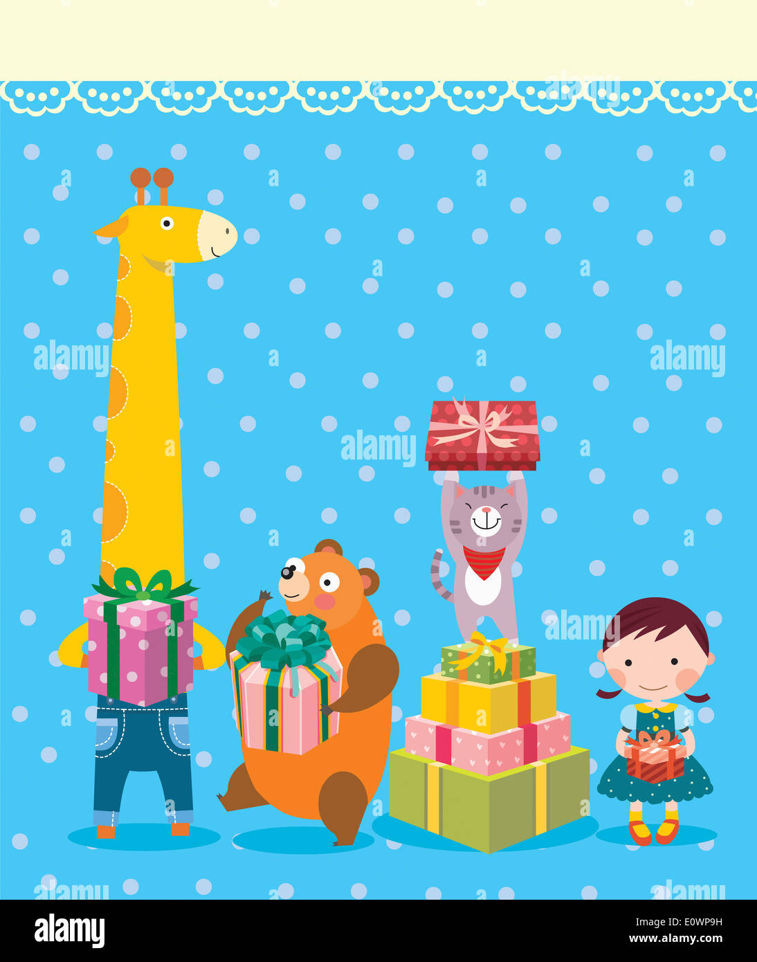 a girl and animals with presents Stock Photo - Alamy