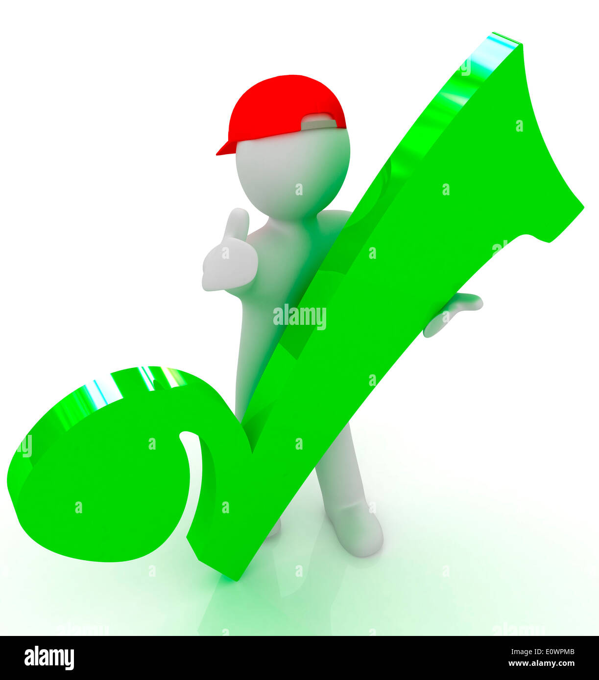 3d man in a red peaked cap with thumb up and a huge tick on a white ...