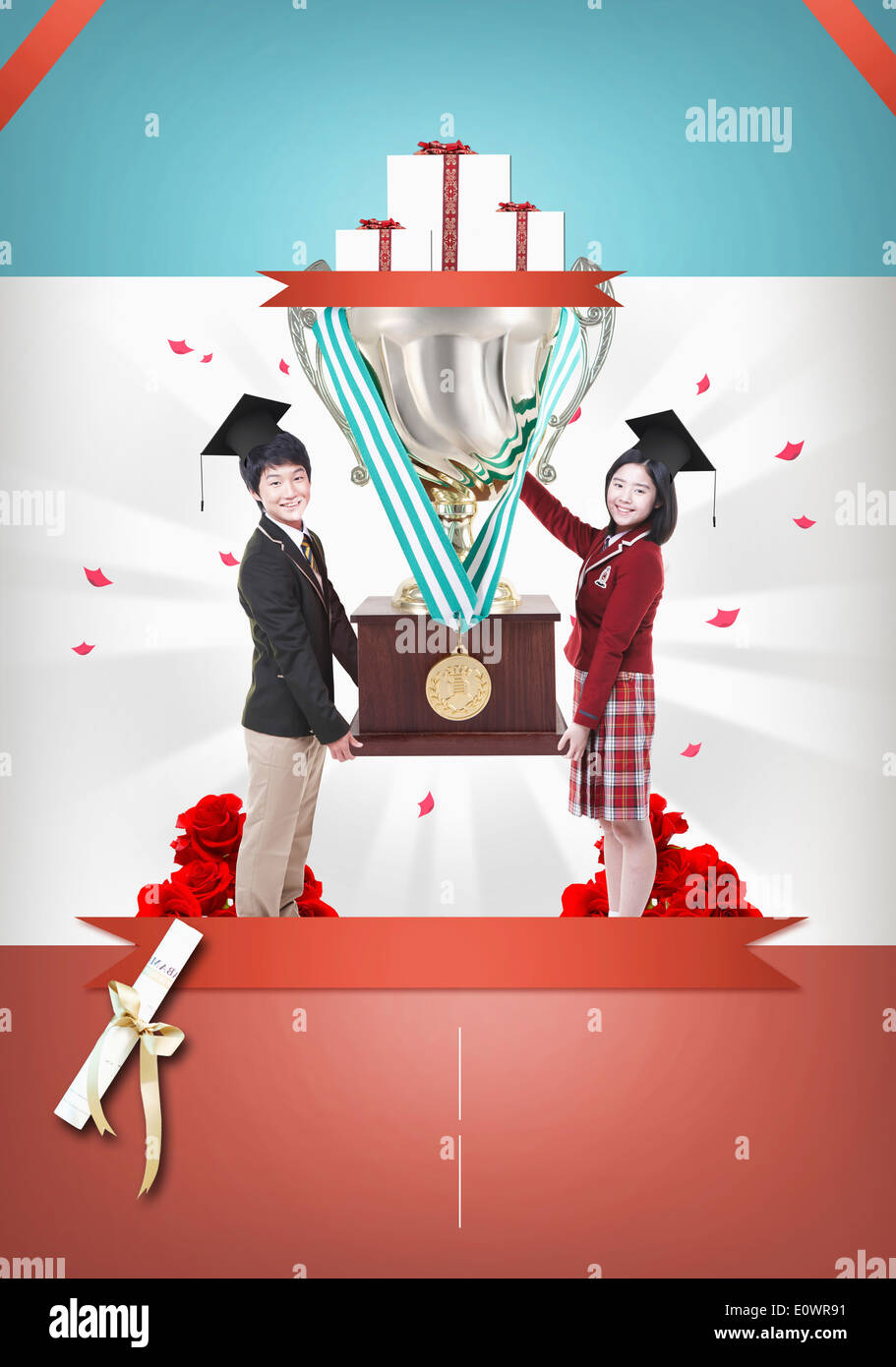 graduation students holding a trophy Stock Photo - Alamy