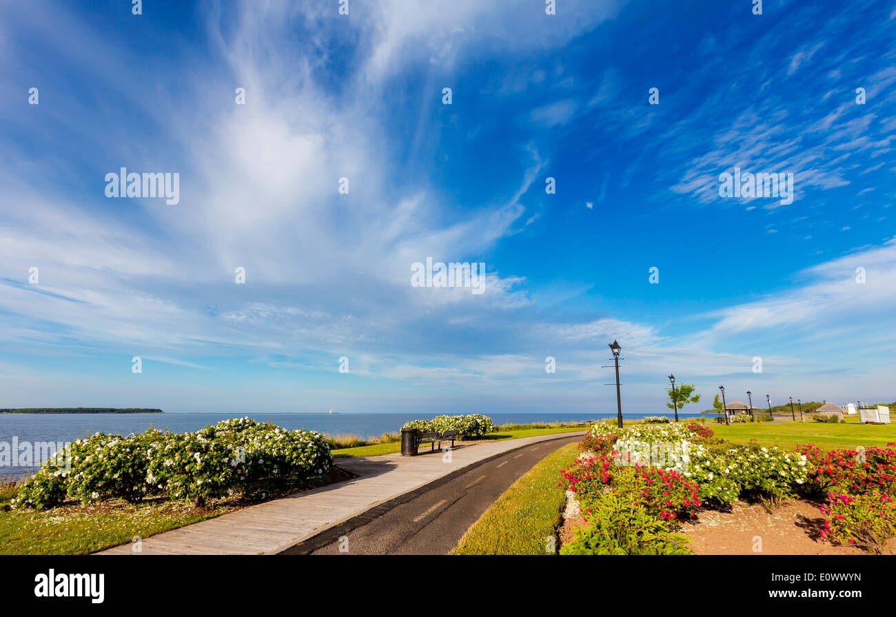 Waterfront and boardwalk with a paved bike trail along the harbor in Summerside, Prince Edward ...