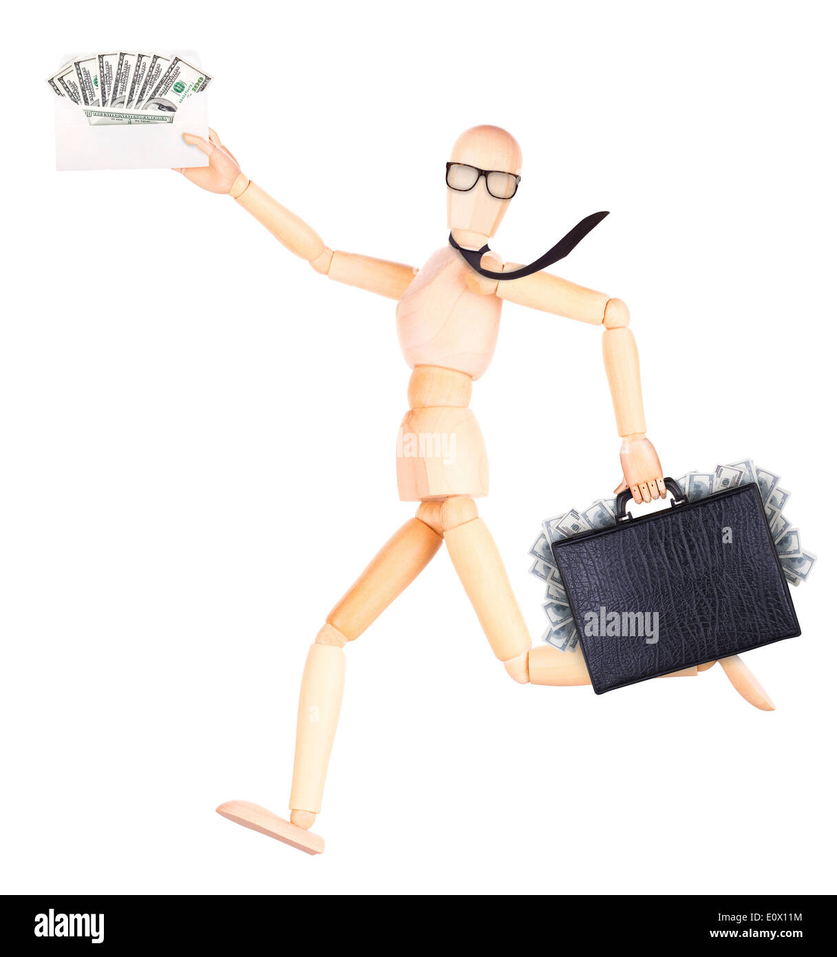 wooden Dummy with case and envelope full of money Isolated on a white ...