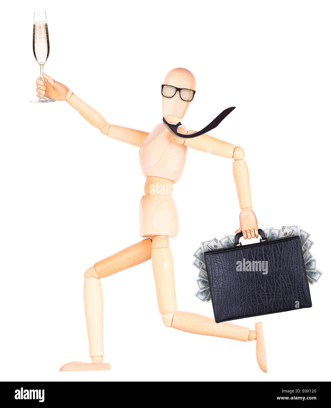 wooden Dummy with champagne making toast Isolated Over White Background ...