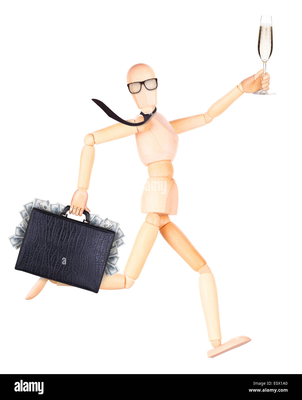 wooden Dummy with champagne making toast Isolated Over White Background ...