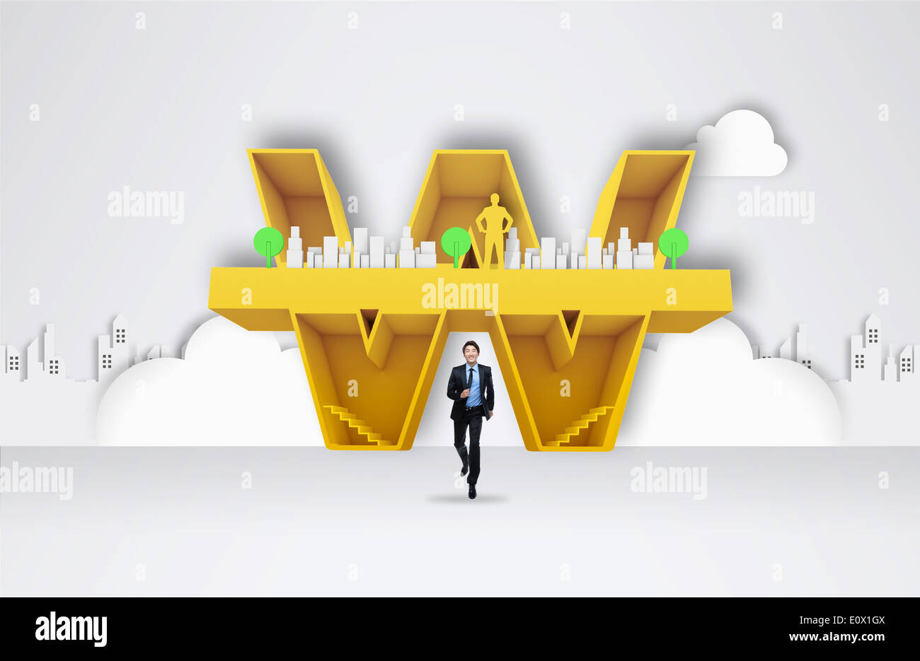 a business man running from a won sign Stock Photo - Alamy