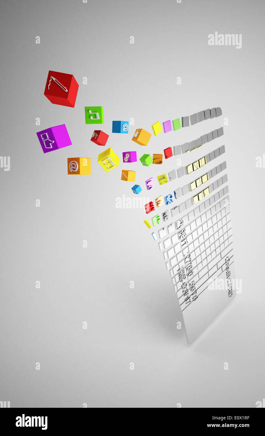 different color boxes with icons flying Stock Photo - Alamy