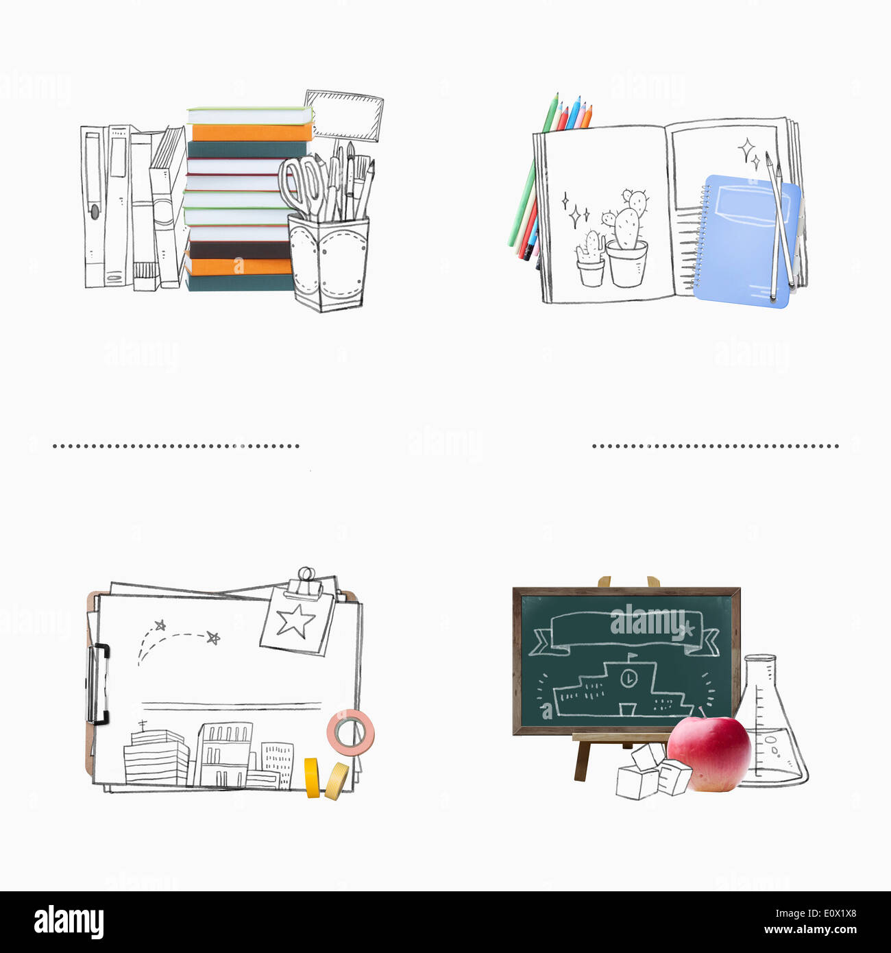 a mixture of pictures and sketch art presenting school related ...