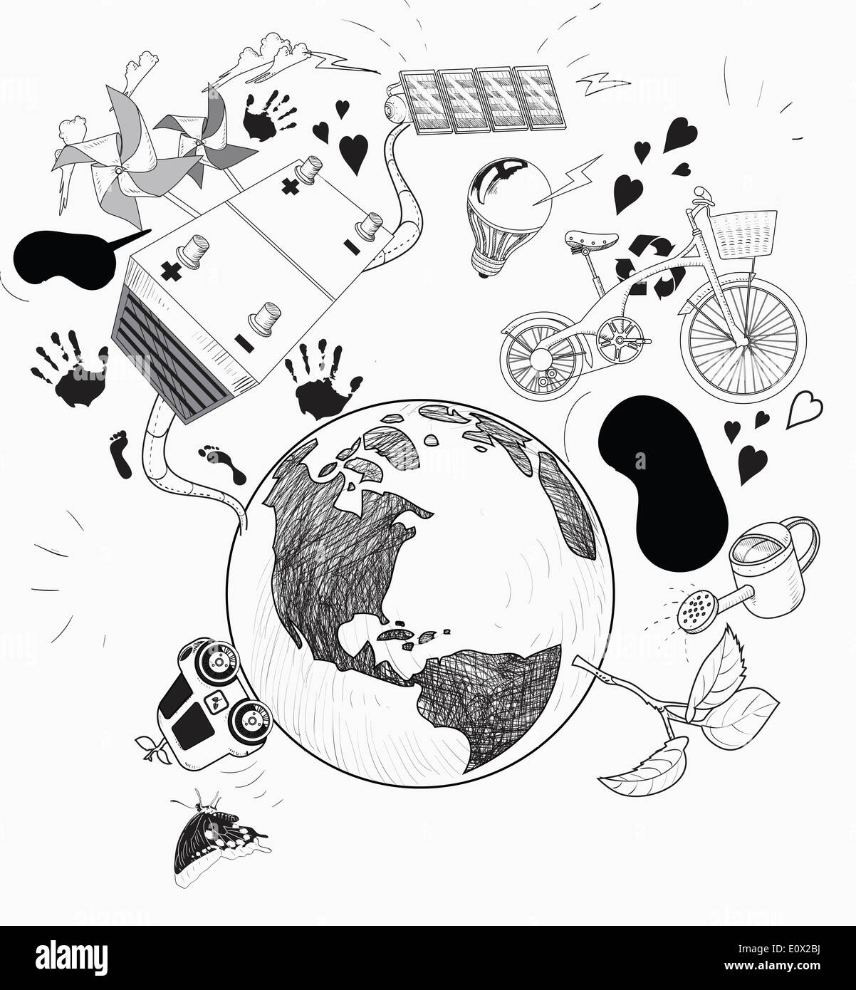 the globe surrounded by eco friendly objects and icons Stock Photo - Alamy