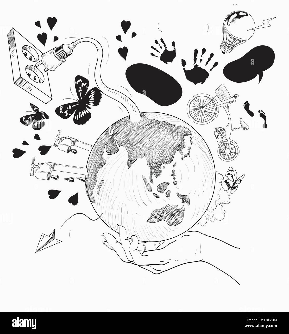 the globe surrounded by eco friendly objects and icons Stock Photo - Alamy