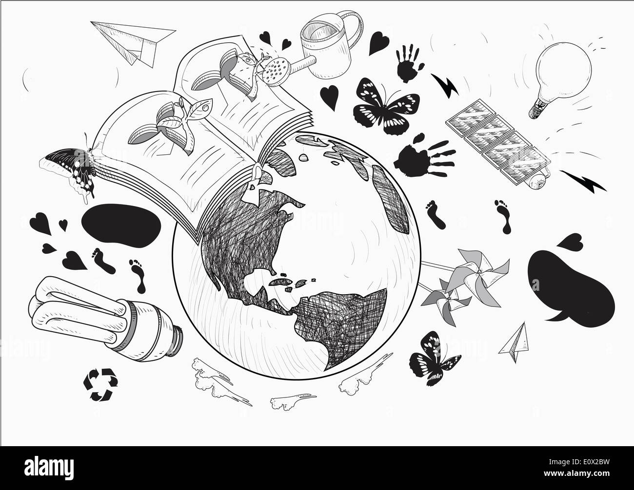the globe surrounded by eco friendly objects and icons Stock Photo - Alamy