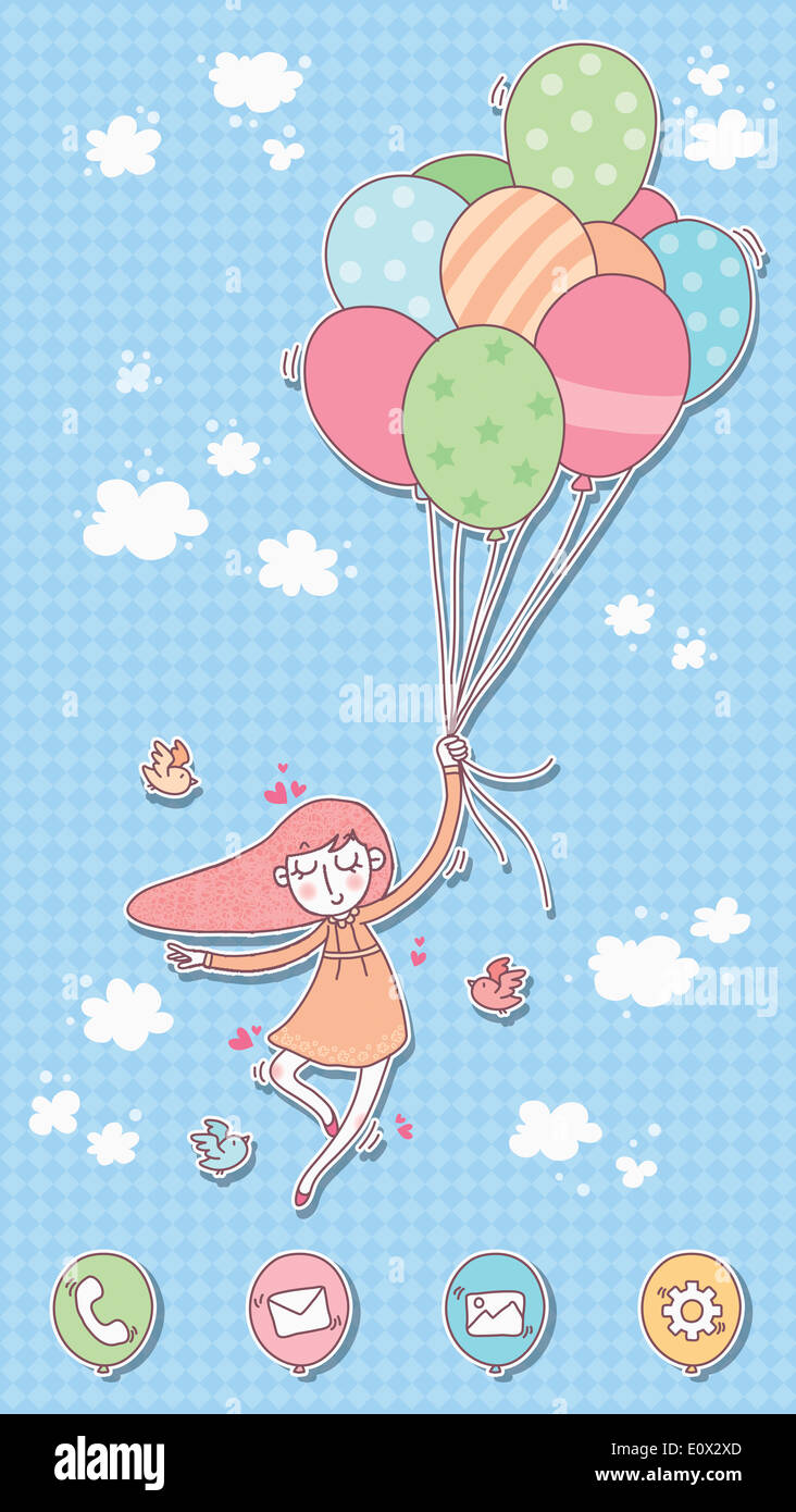 Girl flying balloons in sky hi-res stock photography and images - Alamy