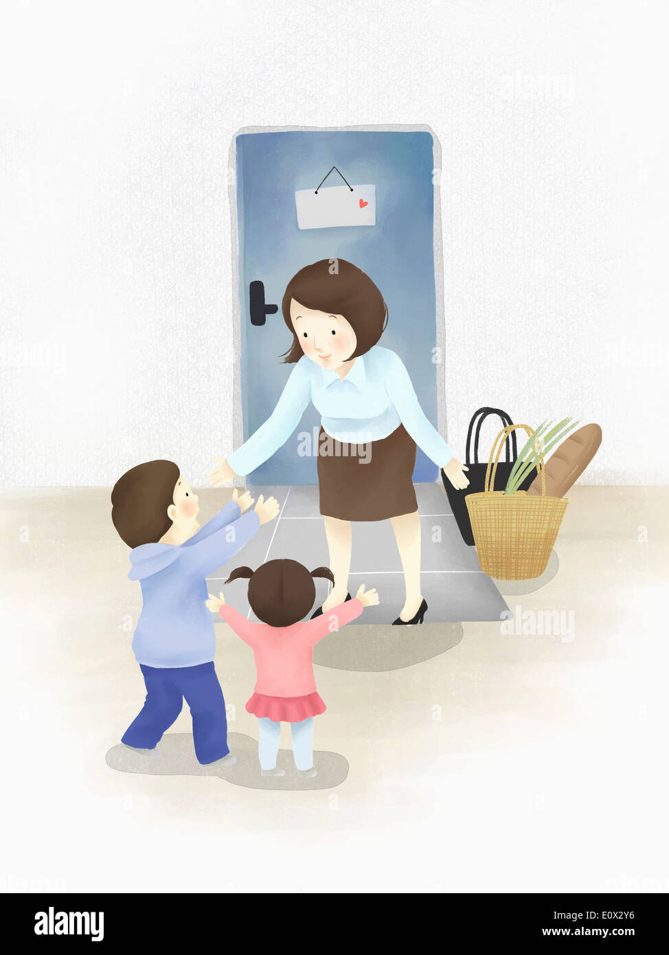 a woman coming home and greeting her children Stock Photo - Alamy