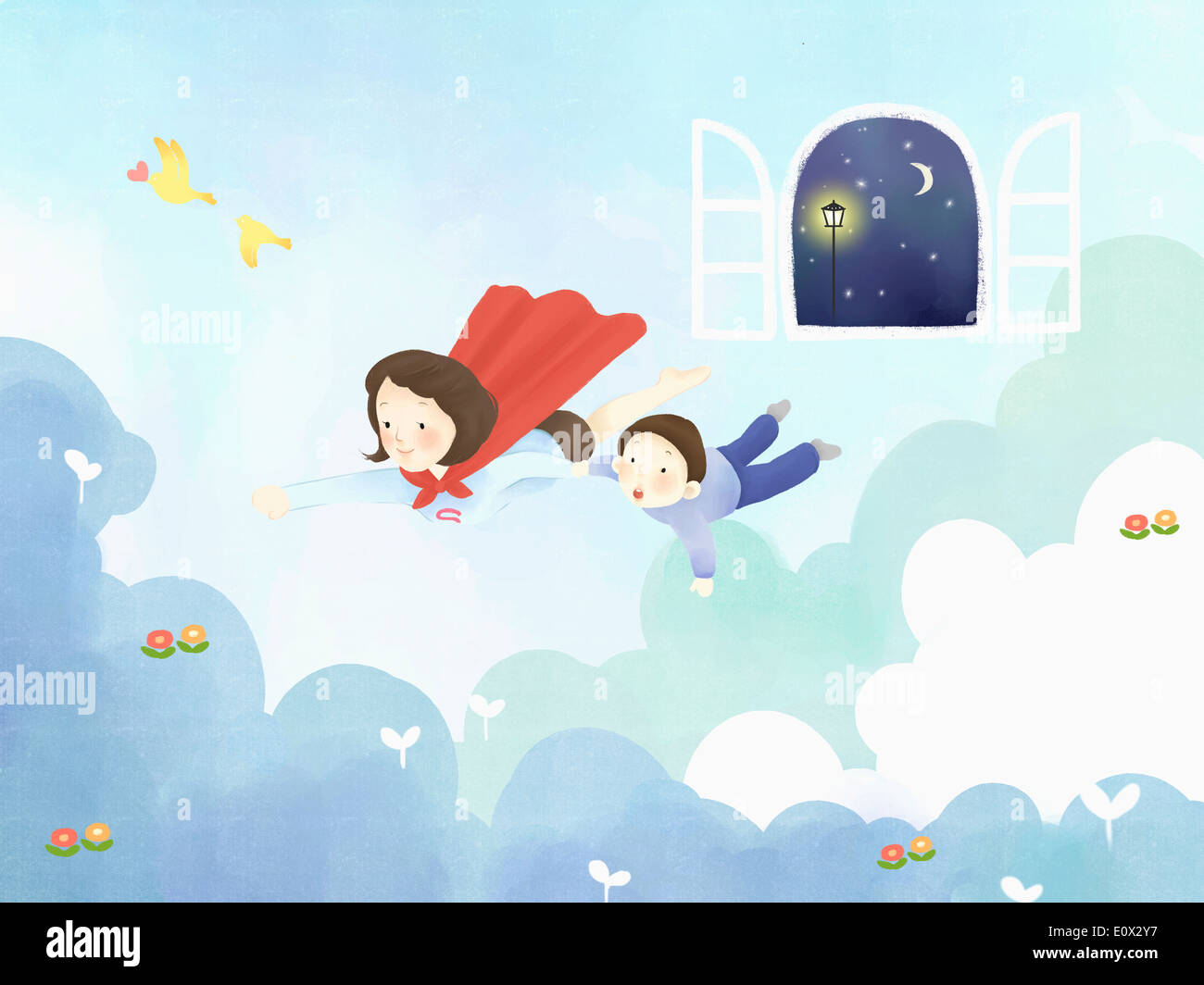 a mother and a child flying into dream world Stock Photo - Alamy