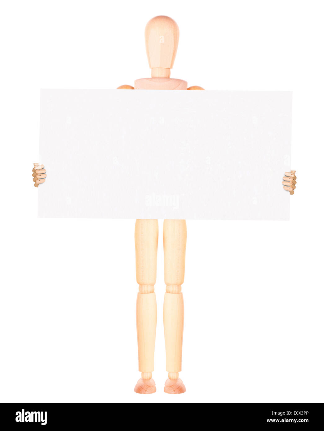 wooden Dummy businessman with empty banner Isolated Over White ...