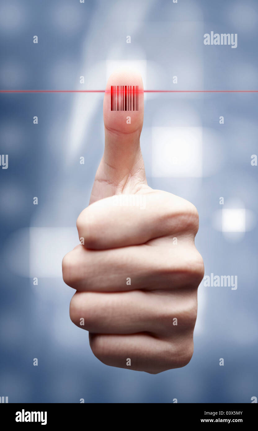 a hand giving the thumb up with a barcode Stock Photo - Alamy